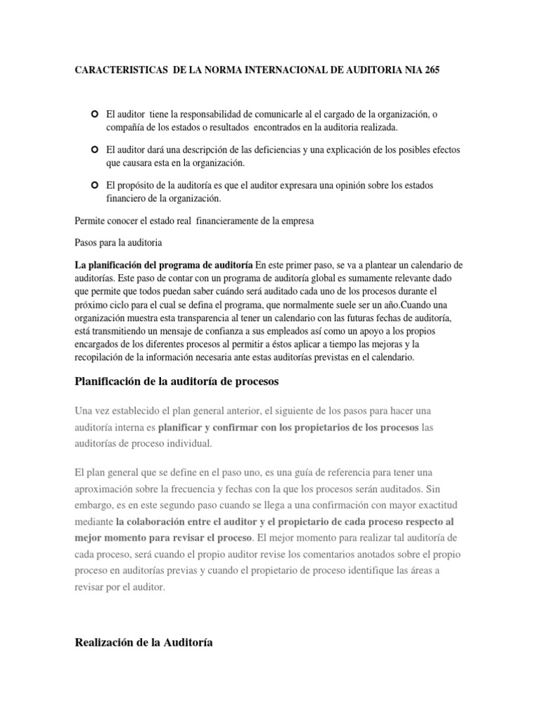 Caracteristicas de La Norma Internacional de Auditoria Nia 265 | PDF ...