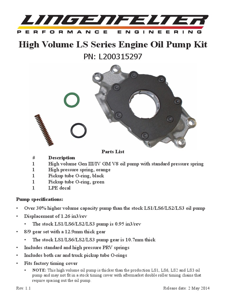 High Volume LS Series Engine Oil Pump Kit: Parts List # Description ...