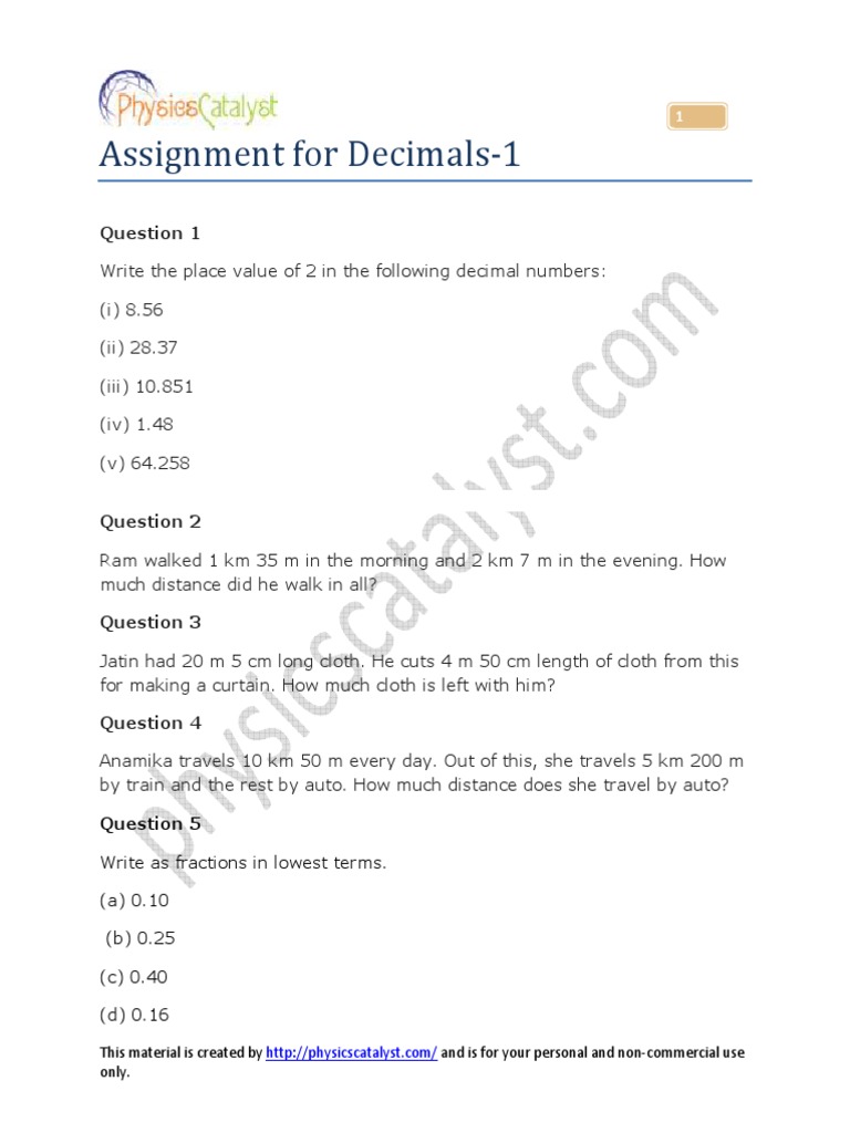 Assignment Class6 Decimals 1 PDF | PDF