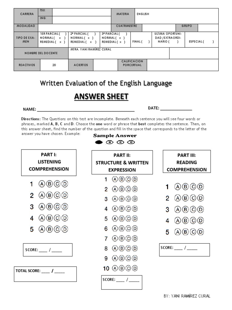 Answer Sheet: Written Evaluation of The English Language | PDF ...