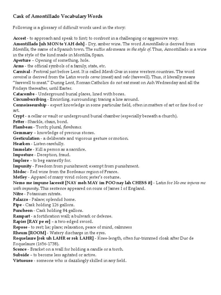 Cask of Amontillado Vocabulary Words | PDF