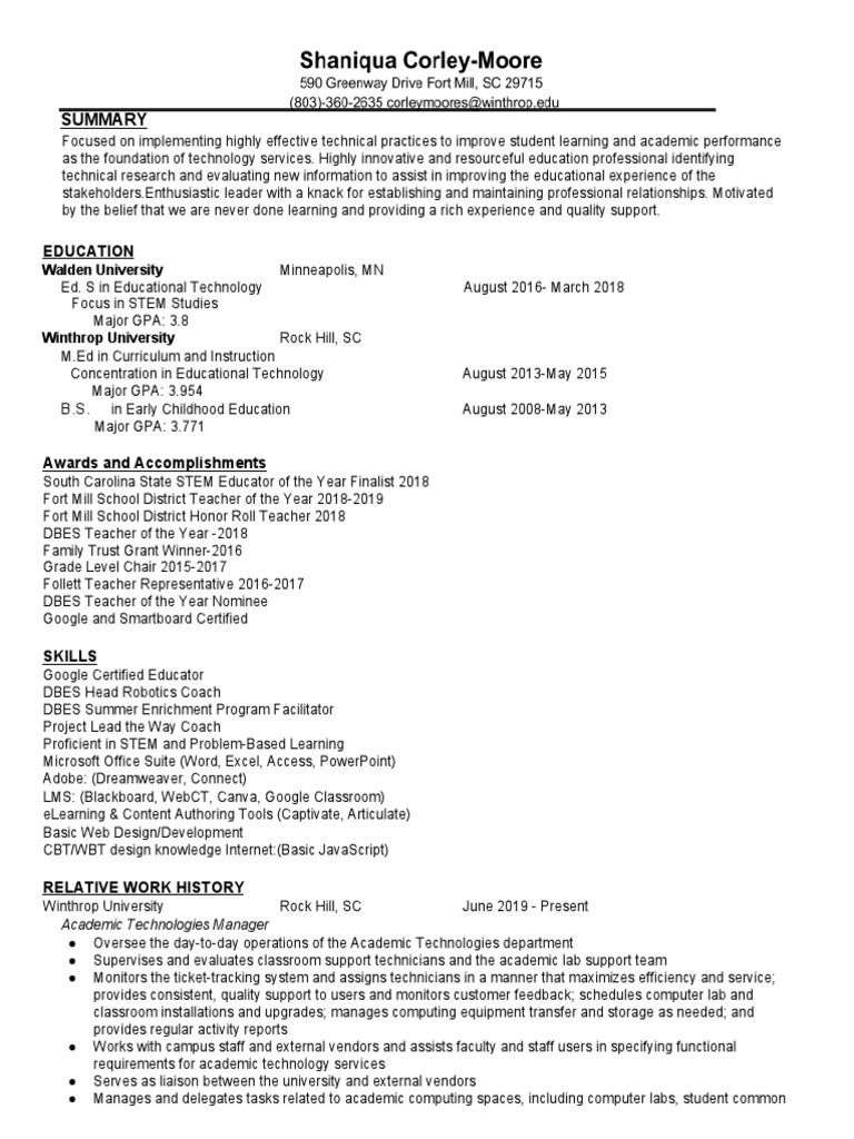 Corley-Moore Resume | PDF | Educational Technology | Science ...