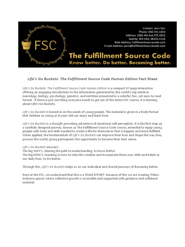 Life's Six Buckets - The Fulfillment Source Code Fact Sheet | PDF