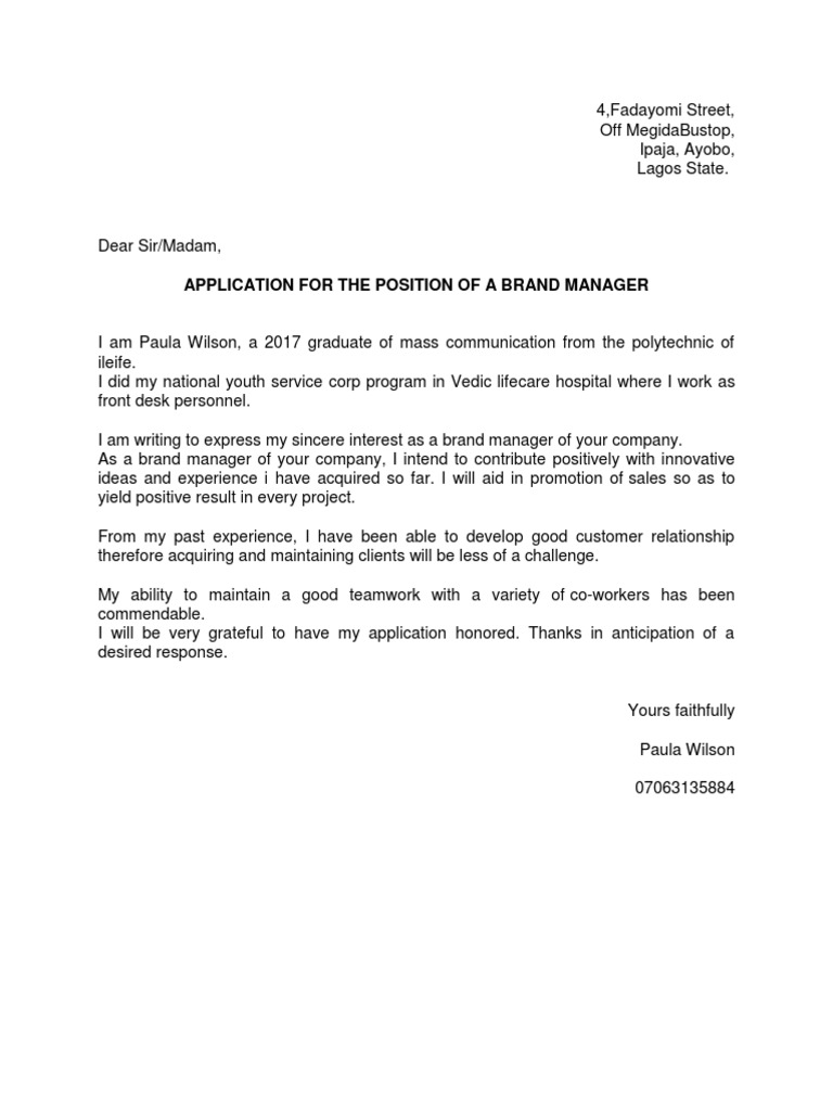 Application For The Position of A Brand Manager | PDF