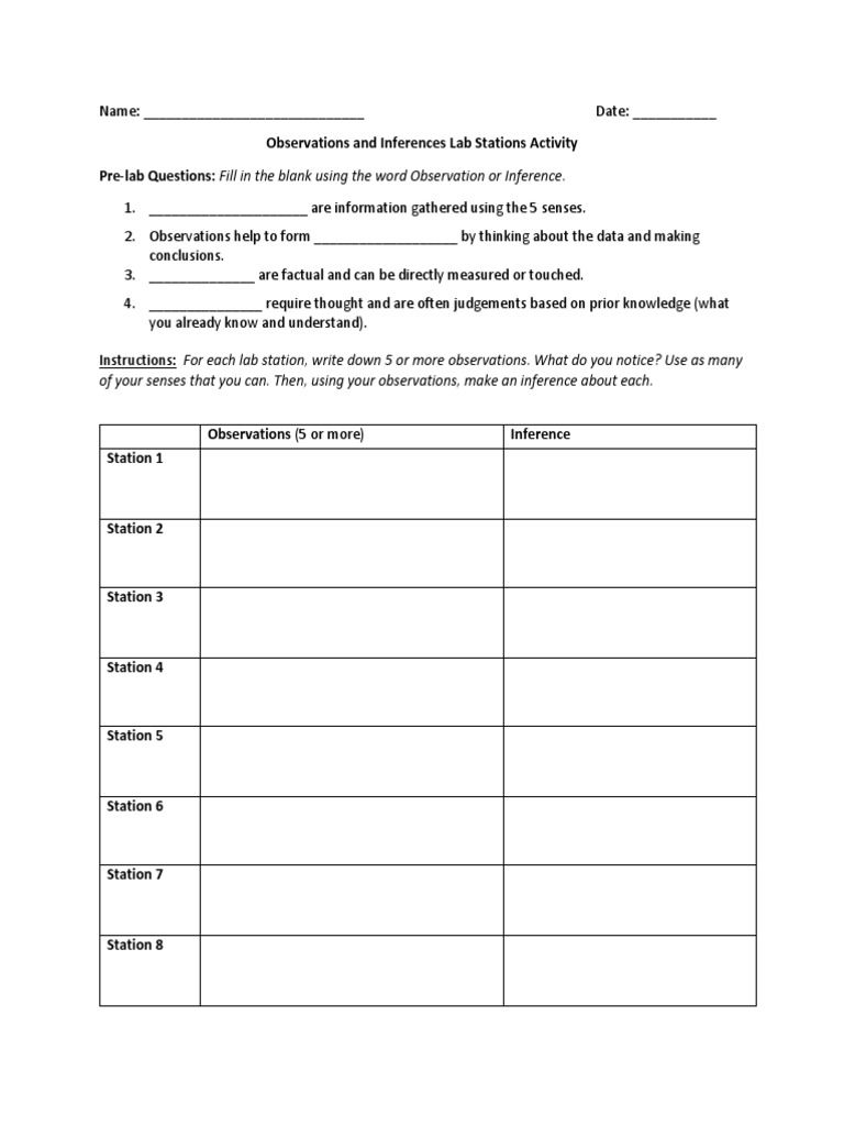 Observations and Inferences Lab Stations Activity Pre-Lab Questions ...