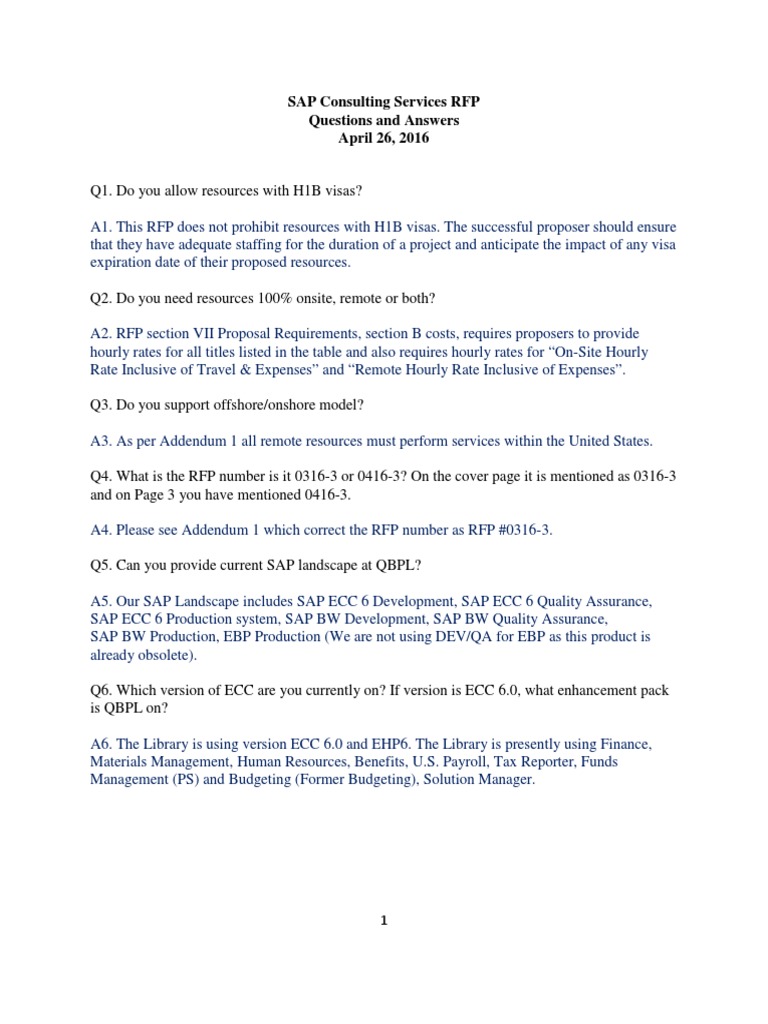 SAP Consulting Services RFP Questions and Answers April 26, 2016 | Sap ...