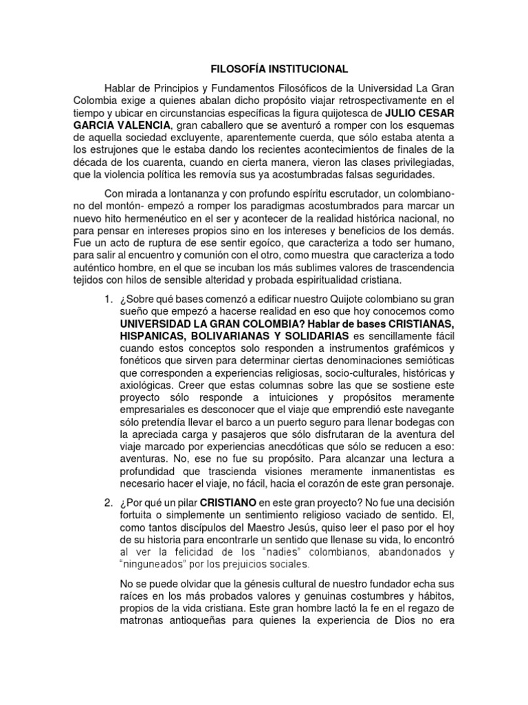 Filosofía Institucional. Grancolombianidad | PDF | Verdad | Vida
