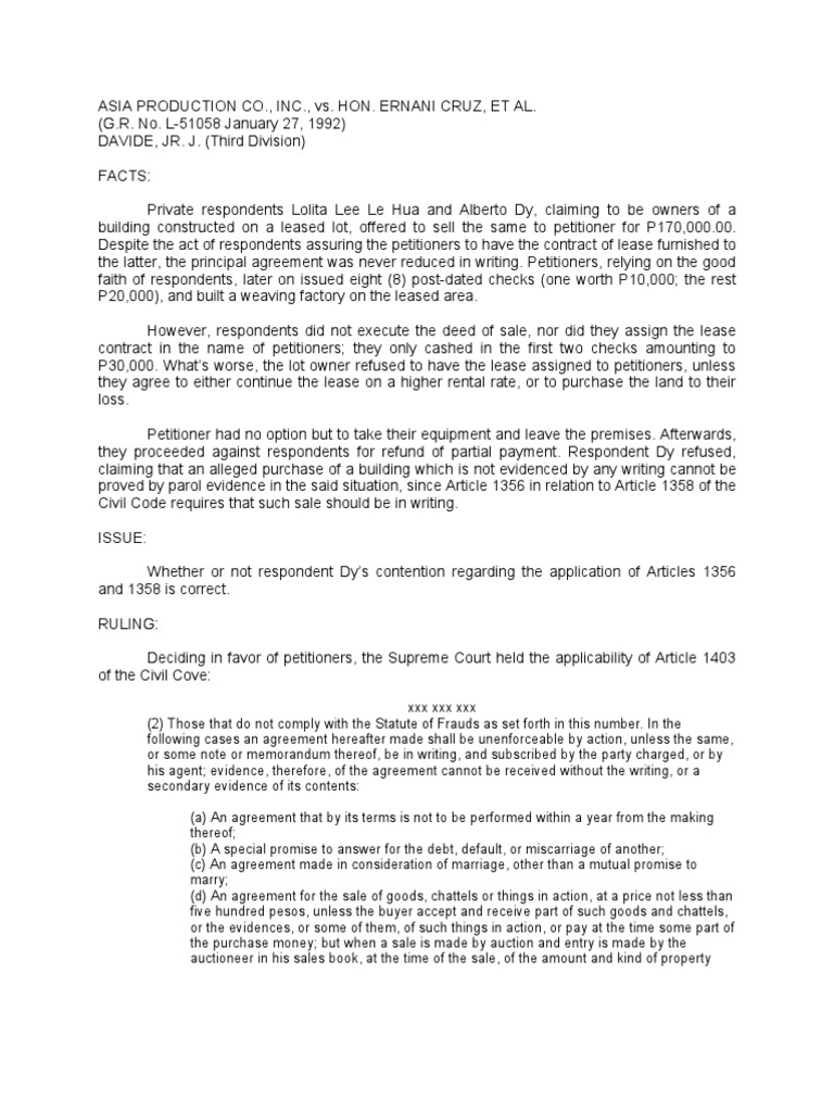 Asia Prod vs. Hon. Cruz Digest | PDF | Lease | Civil Law (Legal System)