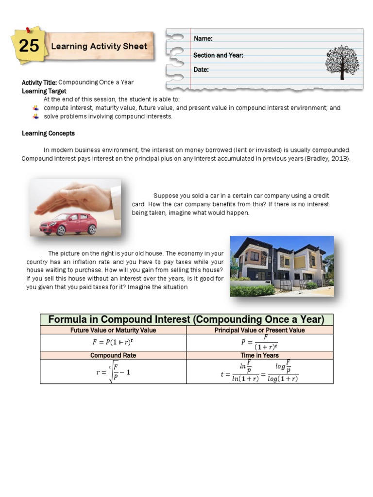 Learning Activity Sheet: Formula in Compound Interest (Compounding Once ...