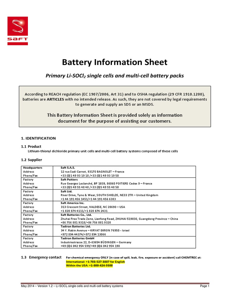 Battery Information Sheet: Primary Li-Socl Single Cells and Multi-Cell ...