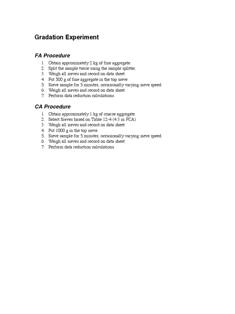 Gradation Experiment: FA Procedure | PDF