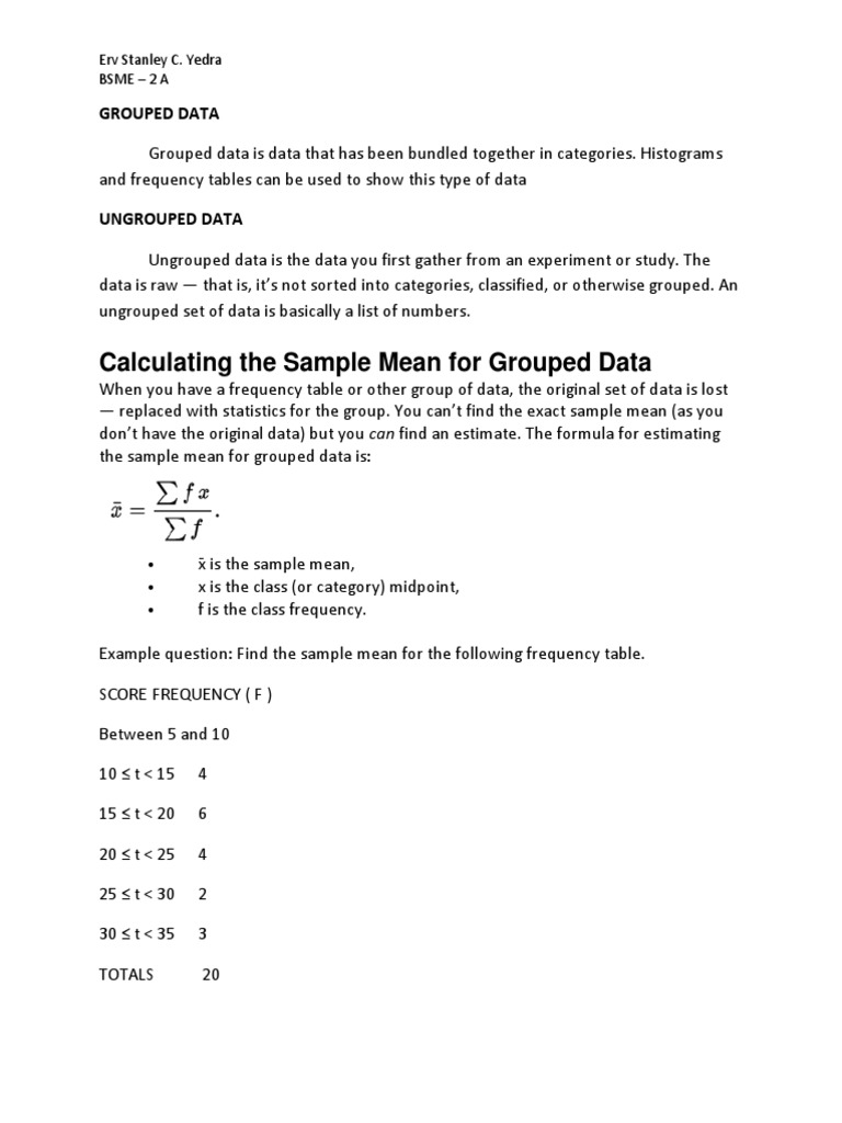Calculating The Sample Mean For Grouped Data | PDF