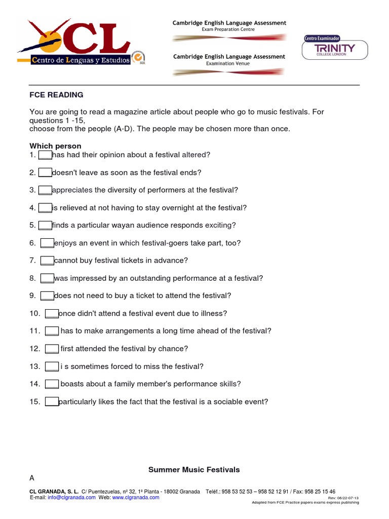 FCE - READING - Summer Music Festivals | PDF | Concert | Performing Arts