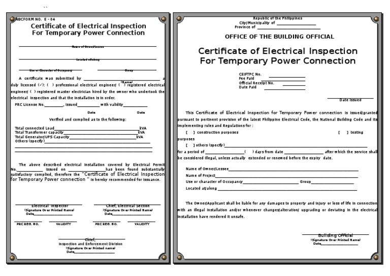 Certificate of Electrical Inspection For Temporary Power Con | PDF ...