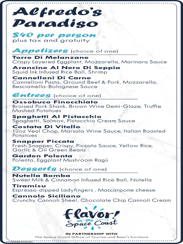Alfredo's Paradiso menu