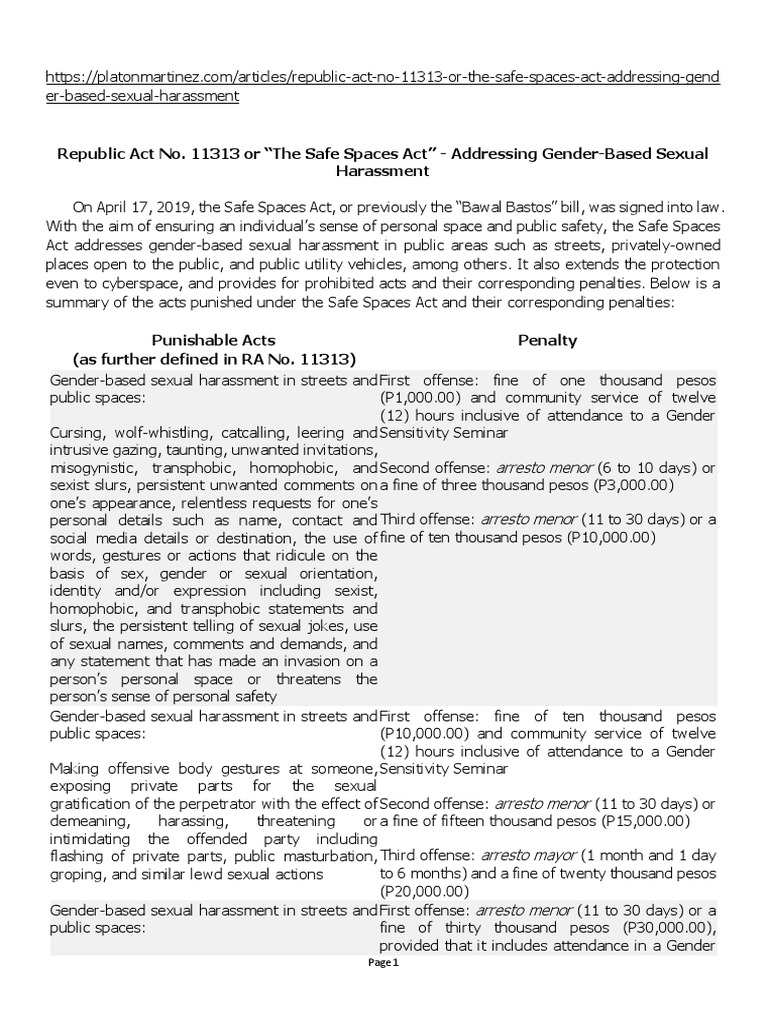 Ra 11313 Safe Spaces Act, S. 2018 | PDF | Sexual Harassment | Sexism