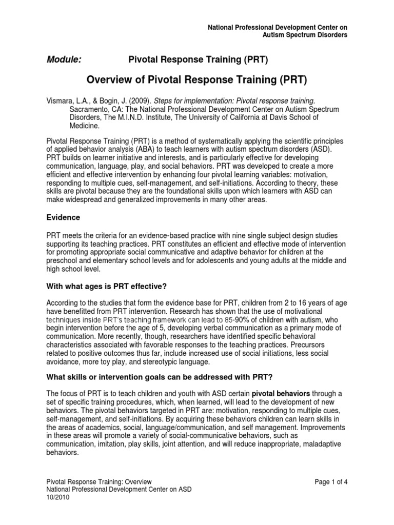 Overview of Pivotal Response Training (PRT) | PDF | Autism | Autism ...