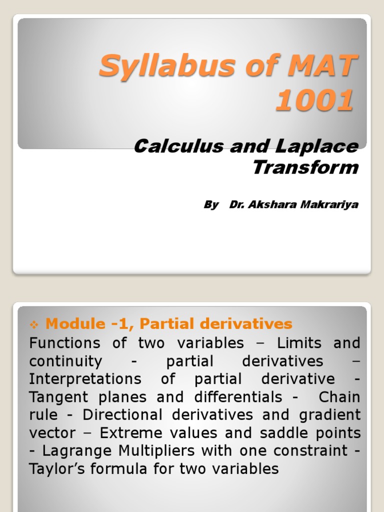 Syllabus of MAT 1001 For First Lectuure | PDF | Integral | Laplace ...