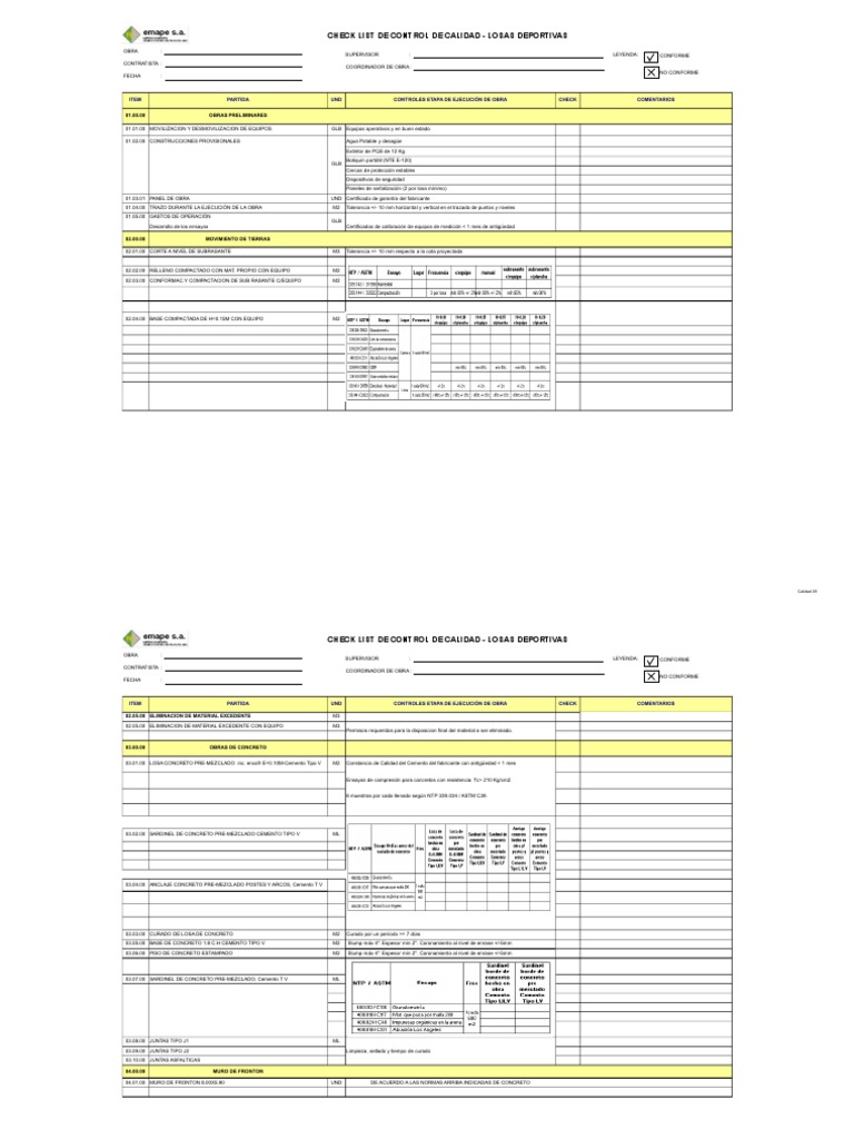 Check List de Control de Calidad Losa de El Agustino | PDF | Hormigón ...