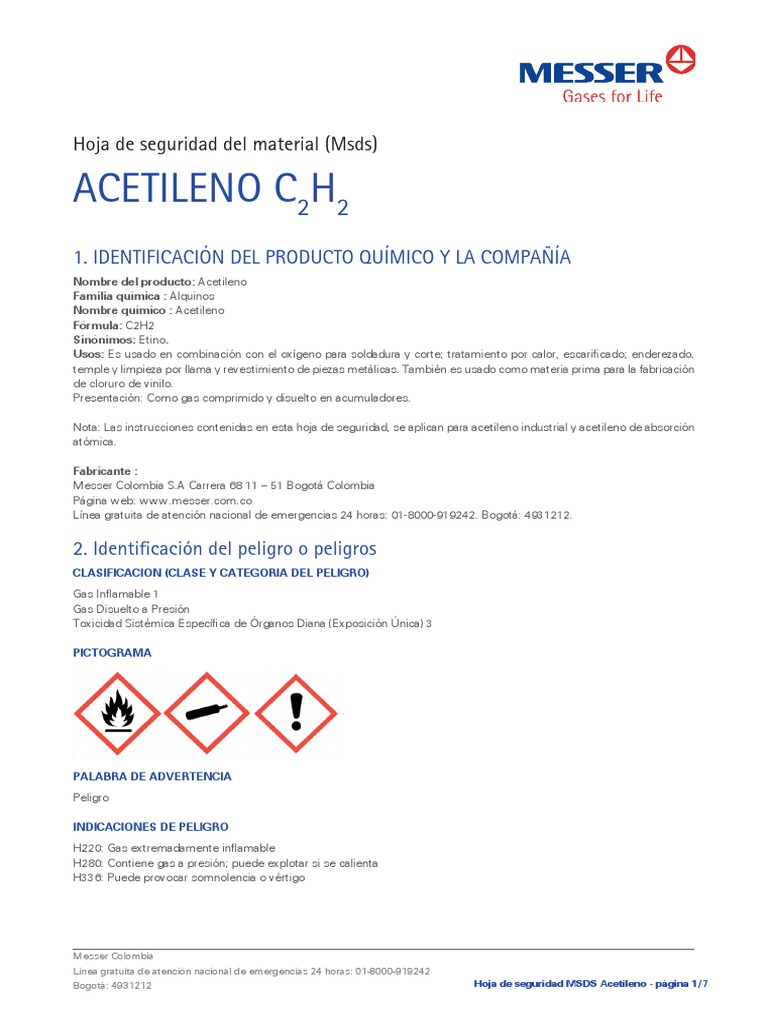 Hoja de Seguridad Msds Acetileno | PDF | Oxígeno | Carbón