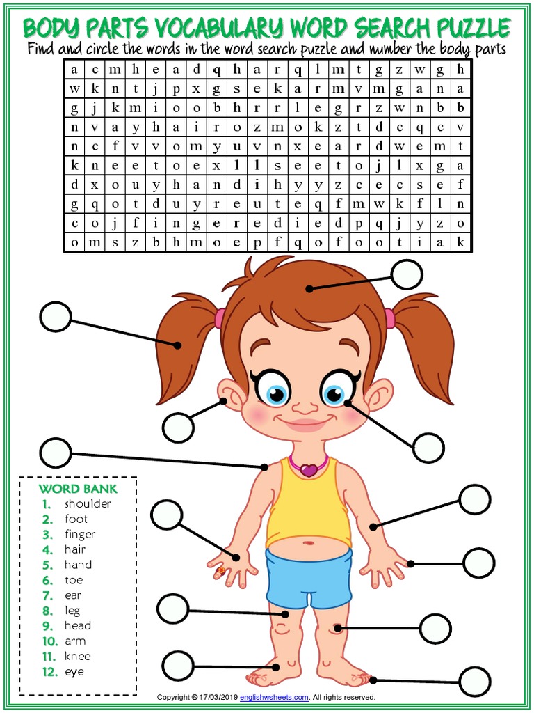Body Parts Vocabulary Esl Word Search Puzzle Worksheet For Kids | PDF