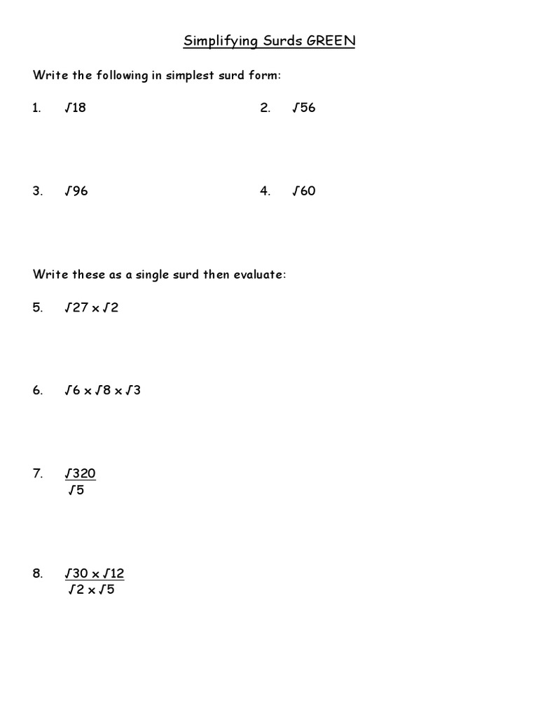 Simplifying Surds Worksheet | PDF
