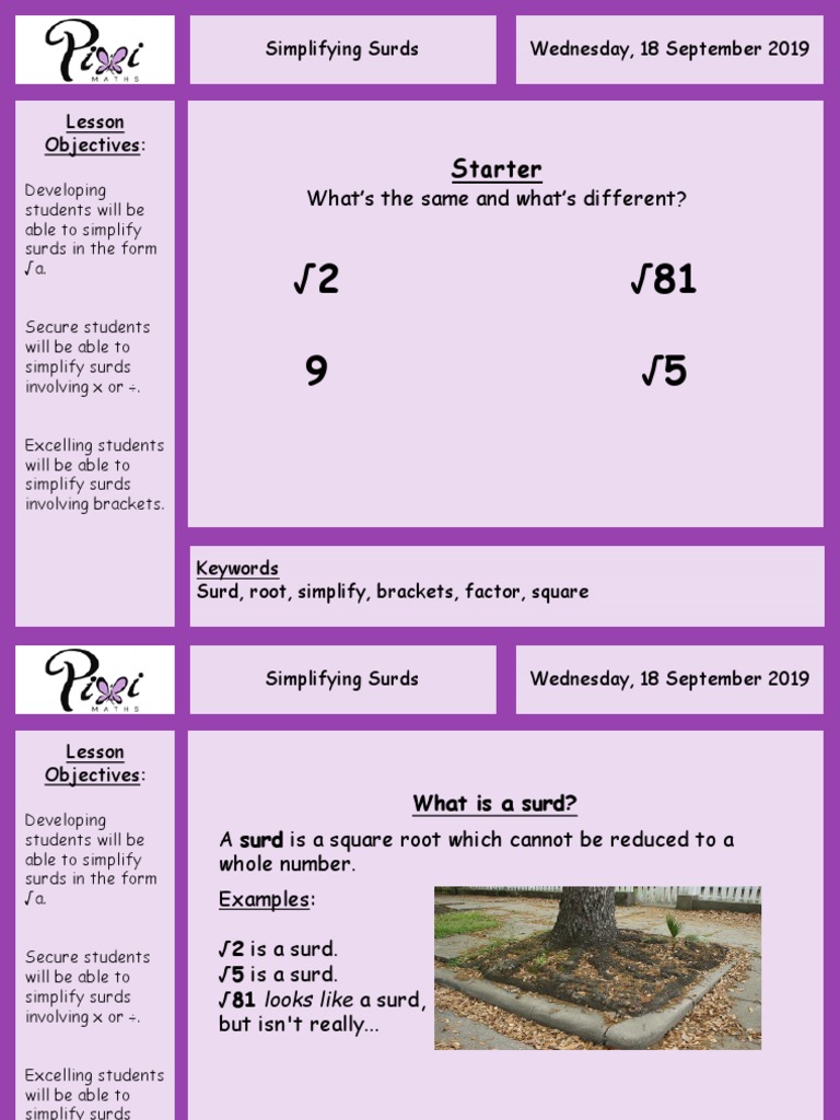 Simplifying Surds PixiPPt | PDF | Elementary Mathematics | Teaching Mathematics