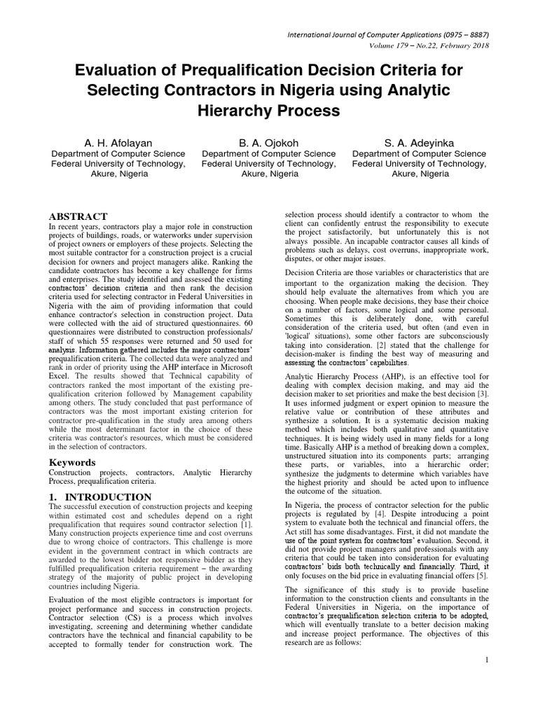 Contractor Selection 1 | PDF | Eigenvalues And Eigenvectors | Decision ...