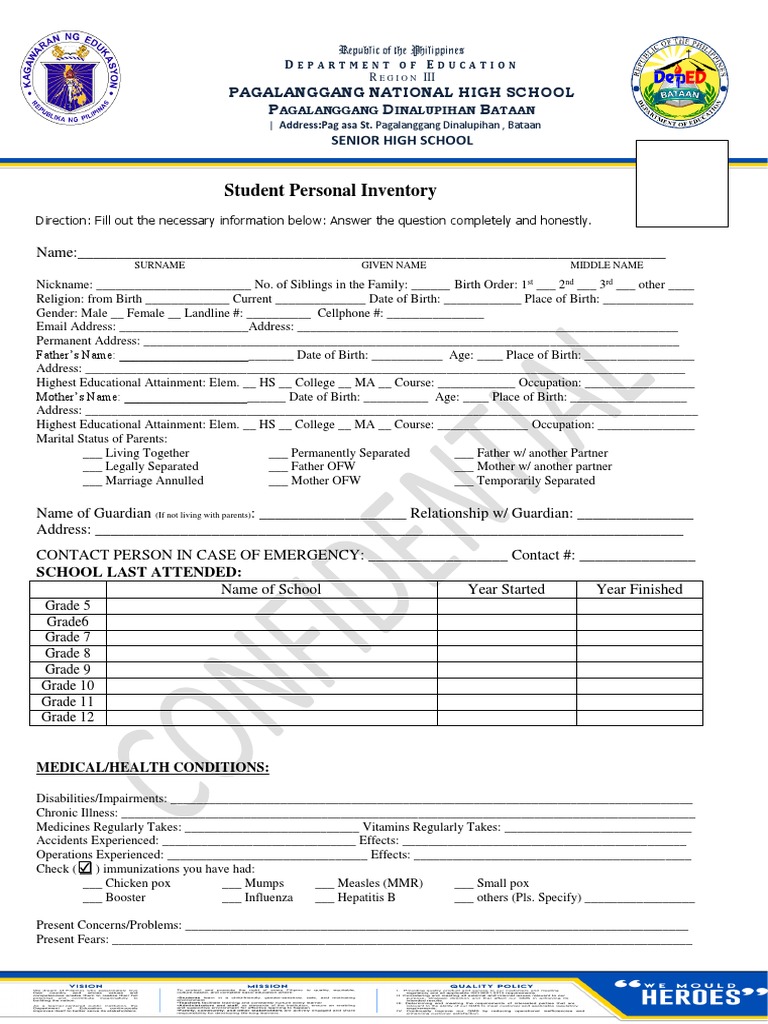 Student Personal Inventory - Form 1 | PDF | Pediatrics | Kinship And ...