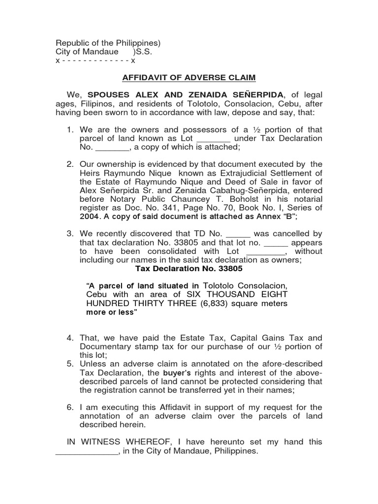 Affidavit of Adverse Claim | PDF | Politics | Social Science