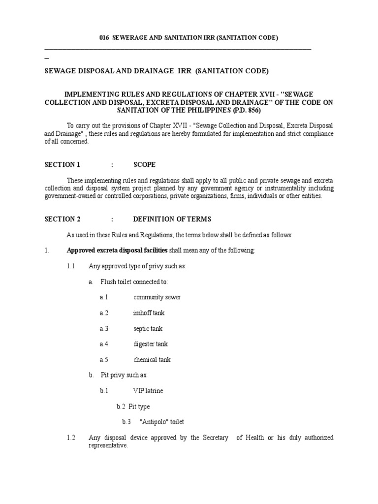 PD 856 Sewage and Drainage IRR 1995 | PDF | Sanitary Sewer | Septic Tank