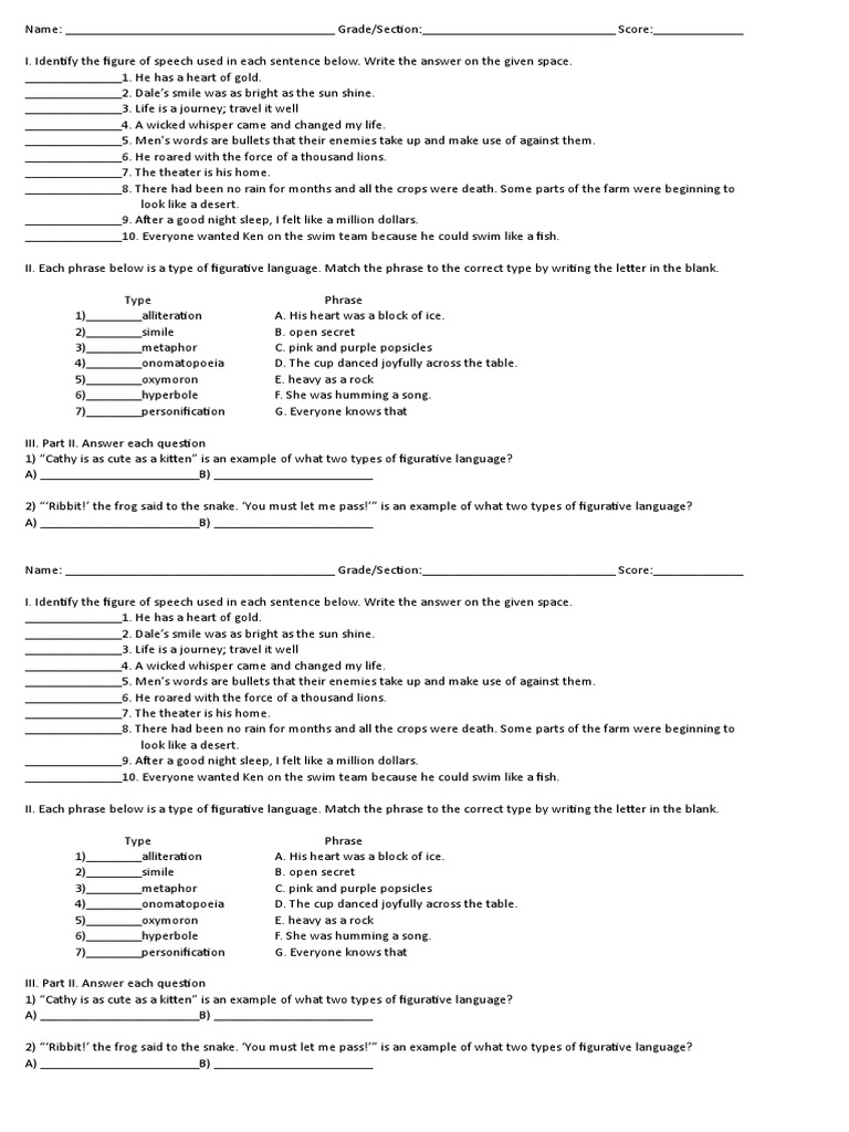 Activity Sheet On Figures of Speech | PDF | Linguistics | Languages