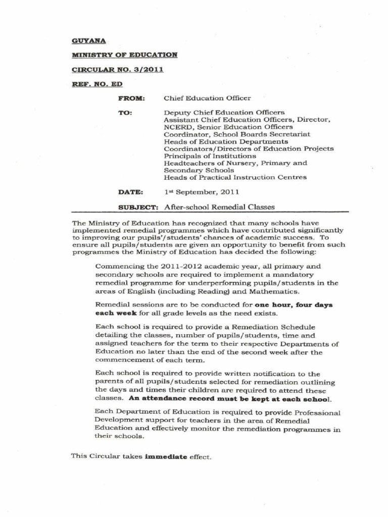 Circular - After-School Remedial Classes PDF | PDF | Teachers | Cognition