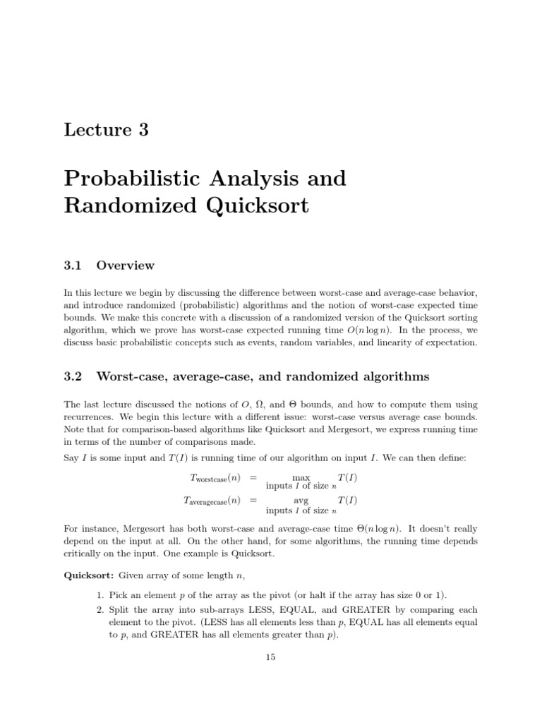 Probabilistic Analysis and Randomized Quicksort: T T (I) T T (I) | PDF | Time Complexity ...