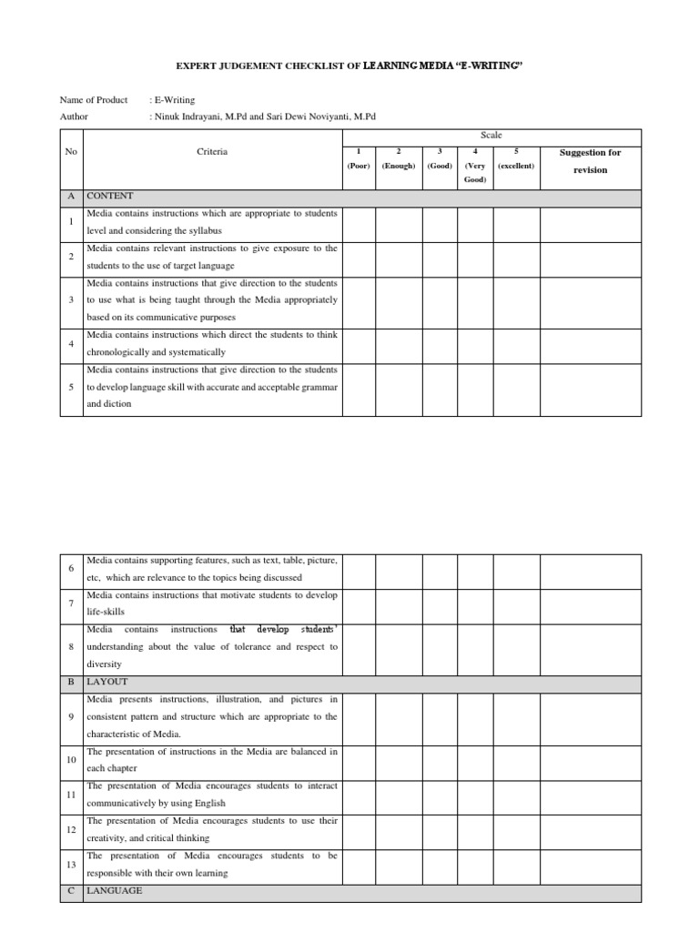 Expert Judgement Checklist of Learning Media "E-Writing": 1 (Poor) 2 ...
