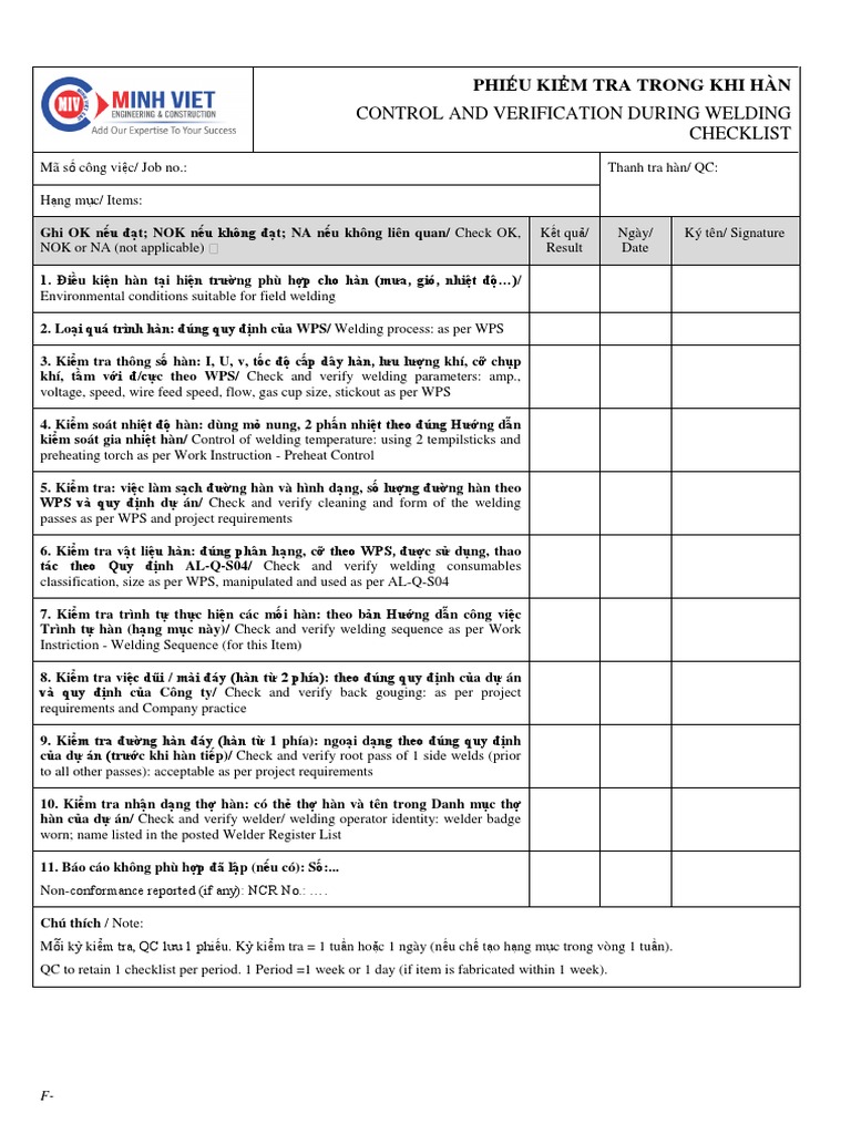 Control And Verification During Welding Checklist: Phiếu Kiểm Tra Trong ...