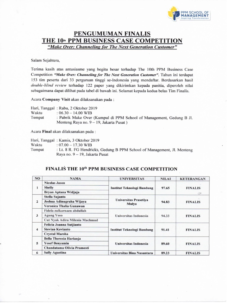 Pengumuman Finalis The 10th PPM Business Case Competition | PDF