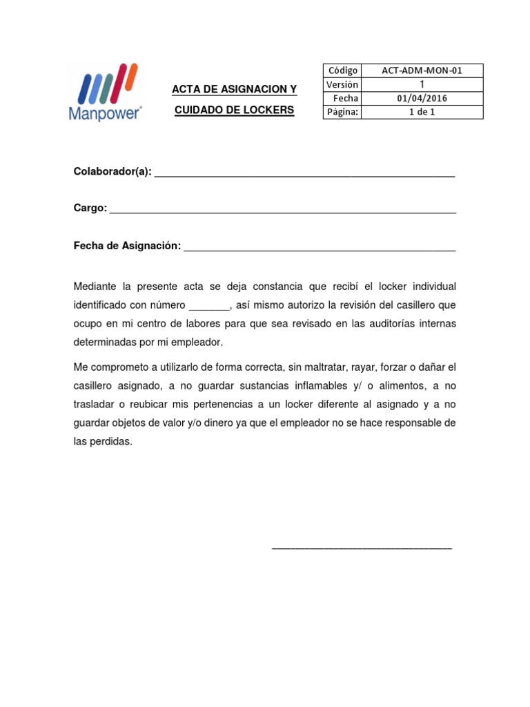 Acta de Asignacion y Cuidado de Lockers | PDF