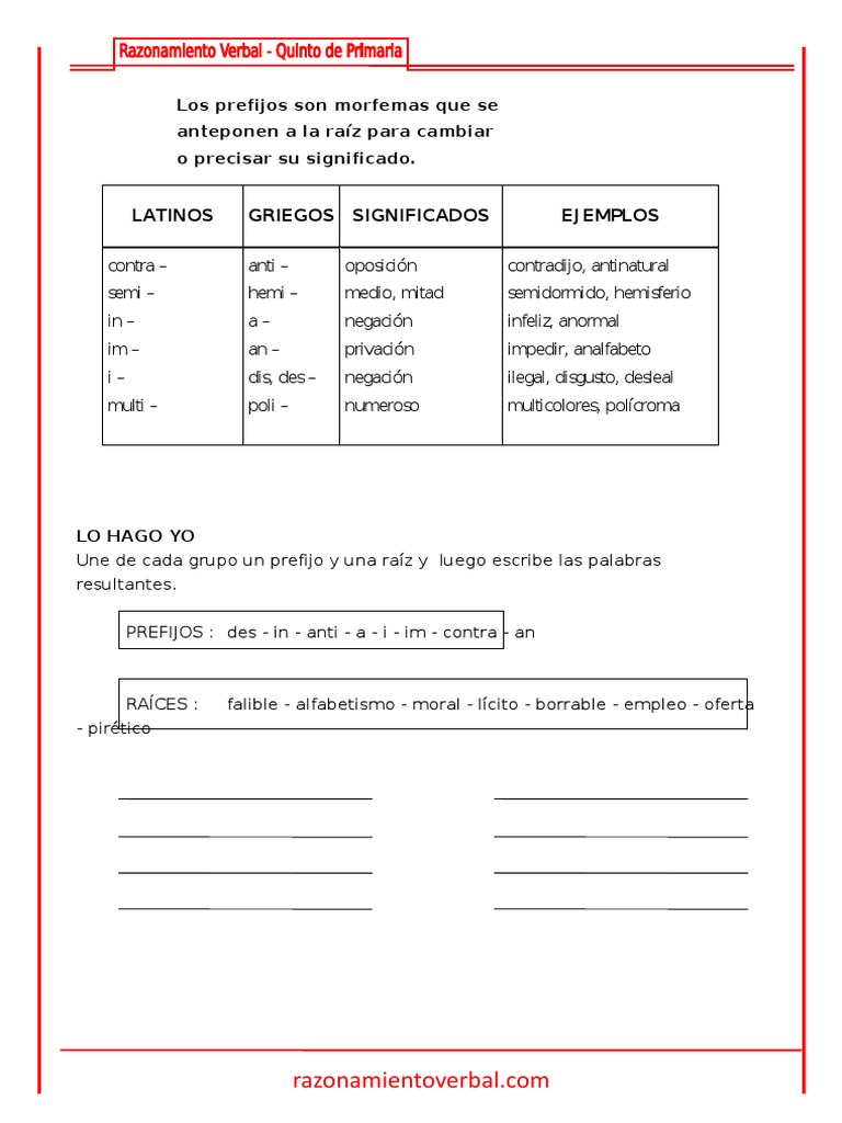 Hojas De Trabajo De Prefijos Y Sufijos De Quinto Grado Prefijos Y