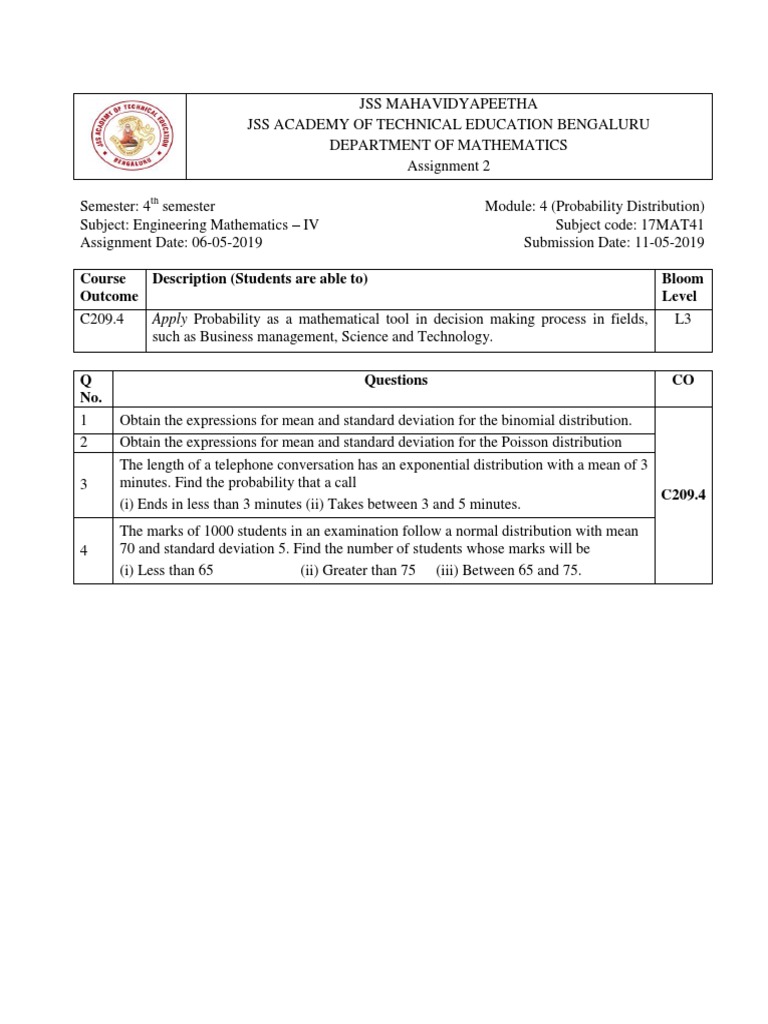 2nd 3rd Assignment 17MAT41 | PDF | Probability Distribution | Type I And Type Ii Errors