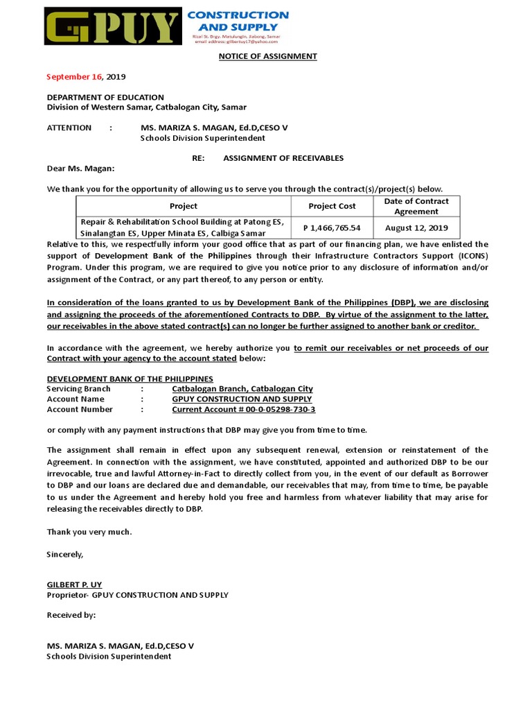 Assignment of Receivables Notice | PDF | Banks | Business Law