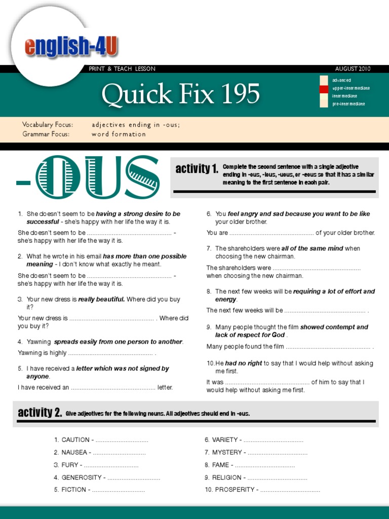 Adjectives Ending in - Ous | PDF | Adjective | Language Mechanics