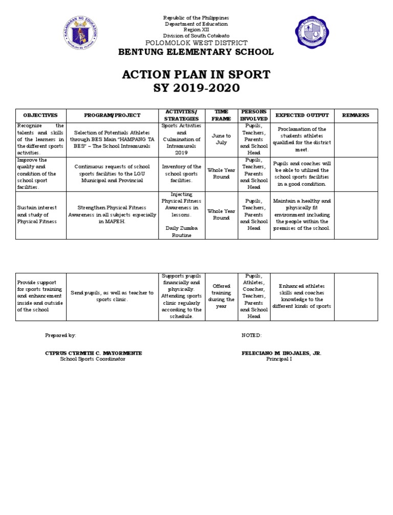 Action Plan for Sports at Bentung Elementary | PDF | Sports | Teachers