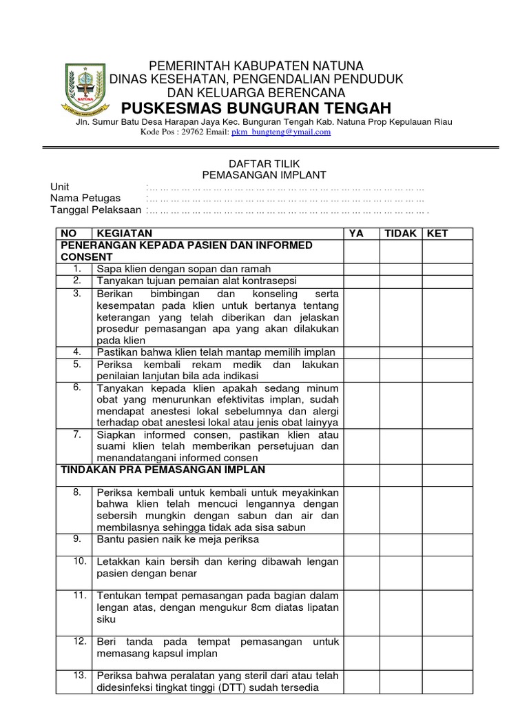 Daftar Tilik Pemasangan Implant | PDF