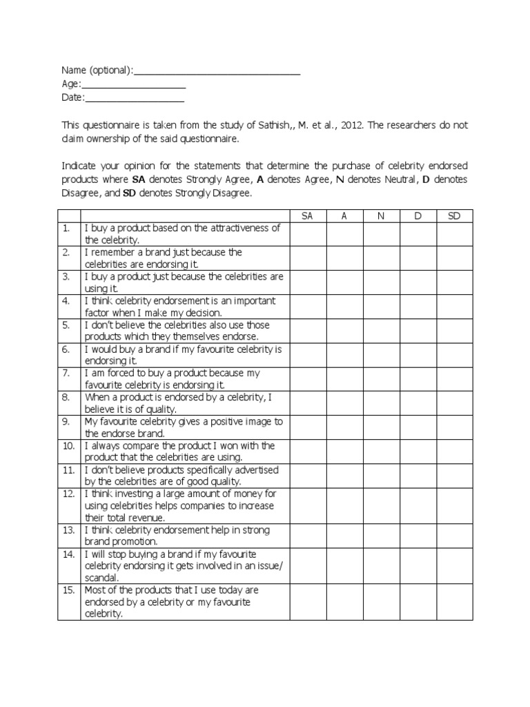 Questionnaire On Celebrity | PDF | Celebrity | Brand