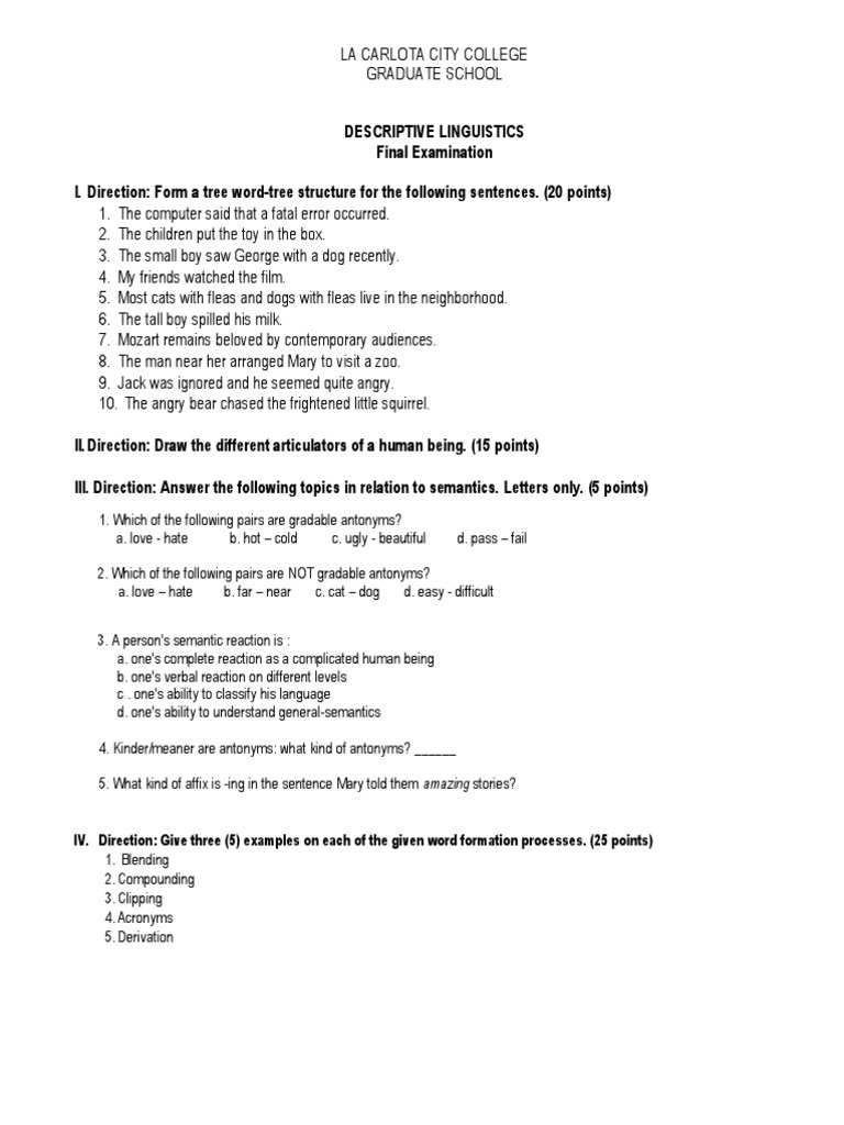 Descriptive Linguistics Exam Guide | PDF | Morphology (Linguistics ...