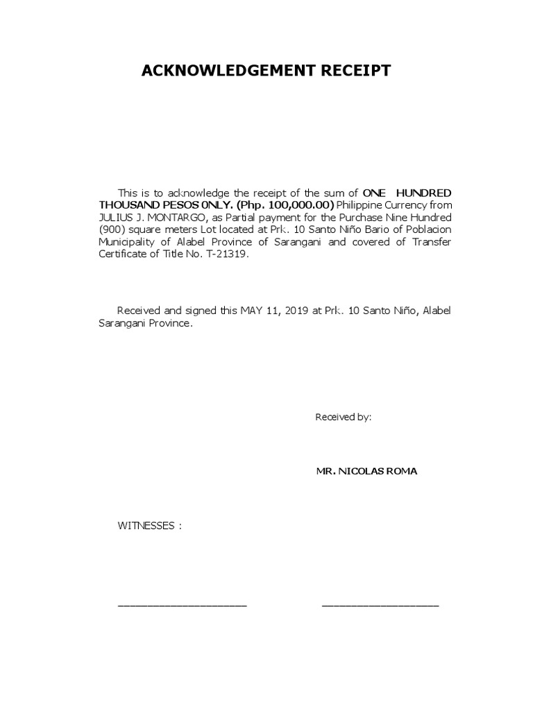 Acknowledgement Receipt: THOUSAND PESOS 0NLY. (Php. 100,000.00 ...