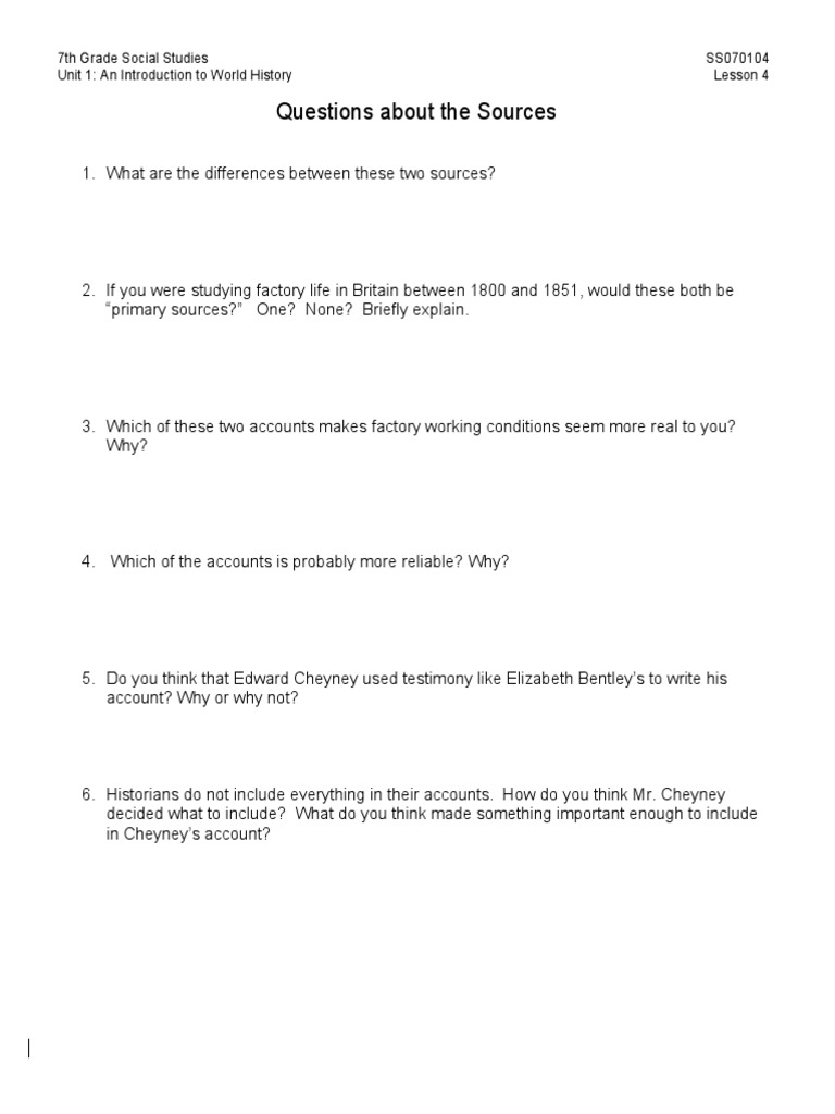 Questions About The Sources: 7th Grade Social Studies SS070104 Unit 1 ...