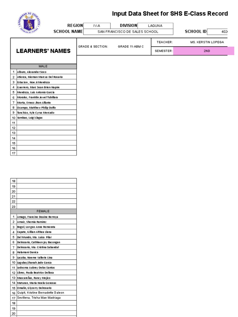 Learners' Names: Input Data Sheet For SHS E-Class Record | PDF