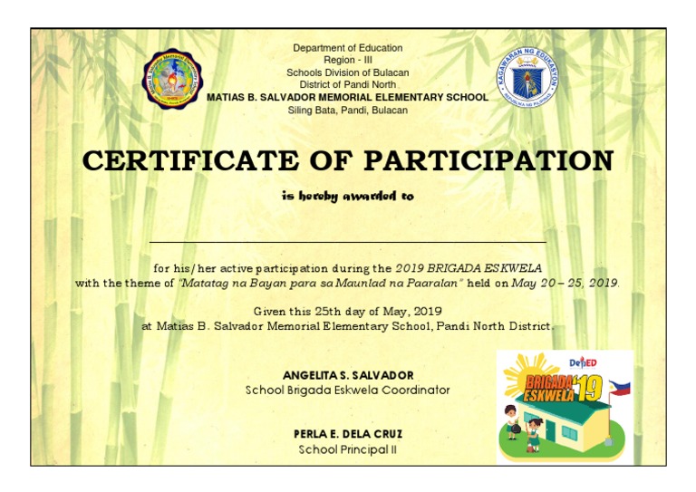 2019 Brigada Eskwela Sample Certificate | PDF